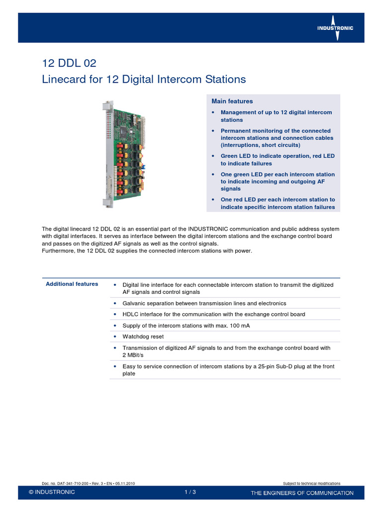 12 DDL 02 Linecard for 12 Digital Intercom Stations - Industronic | PDF | Equipment ...