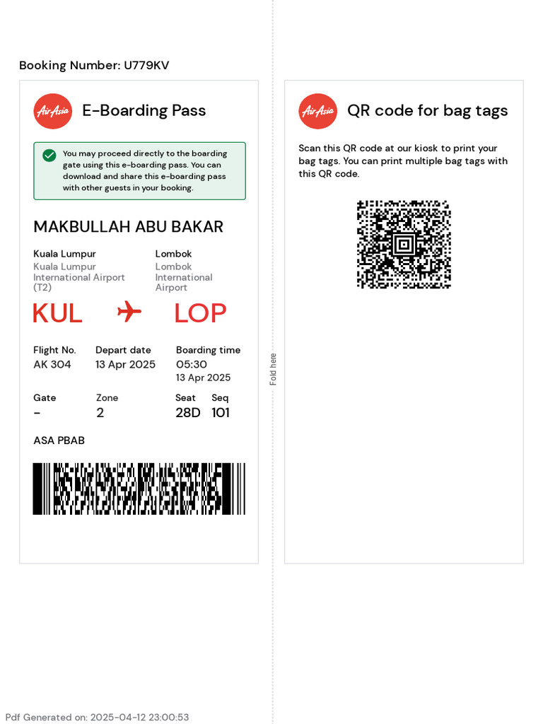 E-Boarding Pass QR Code For Bag Tags: Booking Number: U779KV | PDF