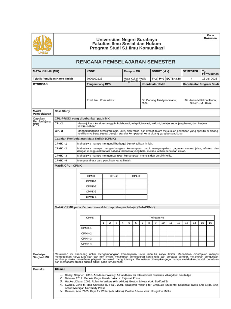 RPS Teknik Penulisan Karya Ilmiah | PDF