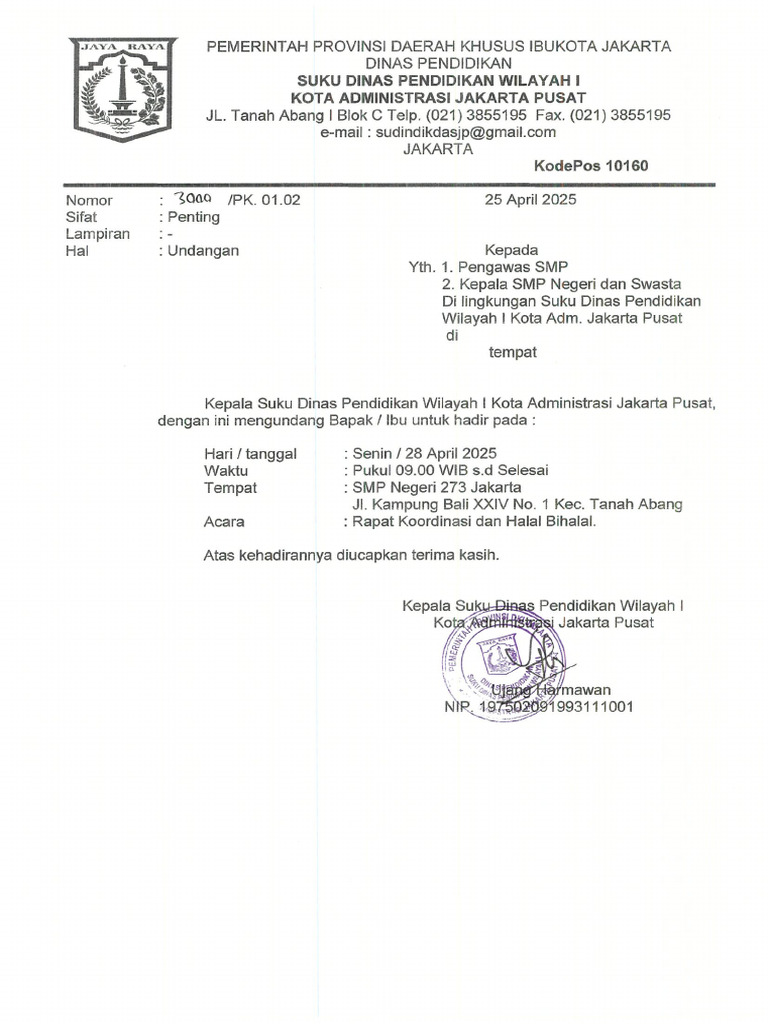 Surat Undangan Rakor Dan Halal Bihalal SMP 2025 | PDF
