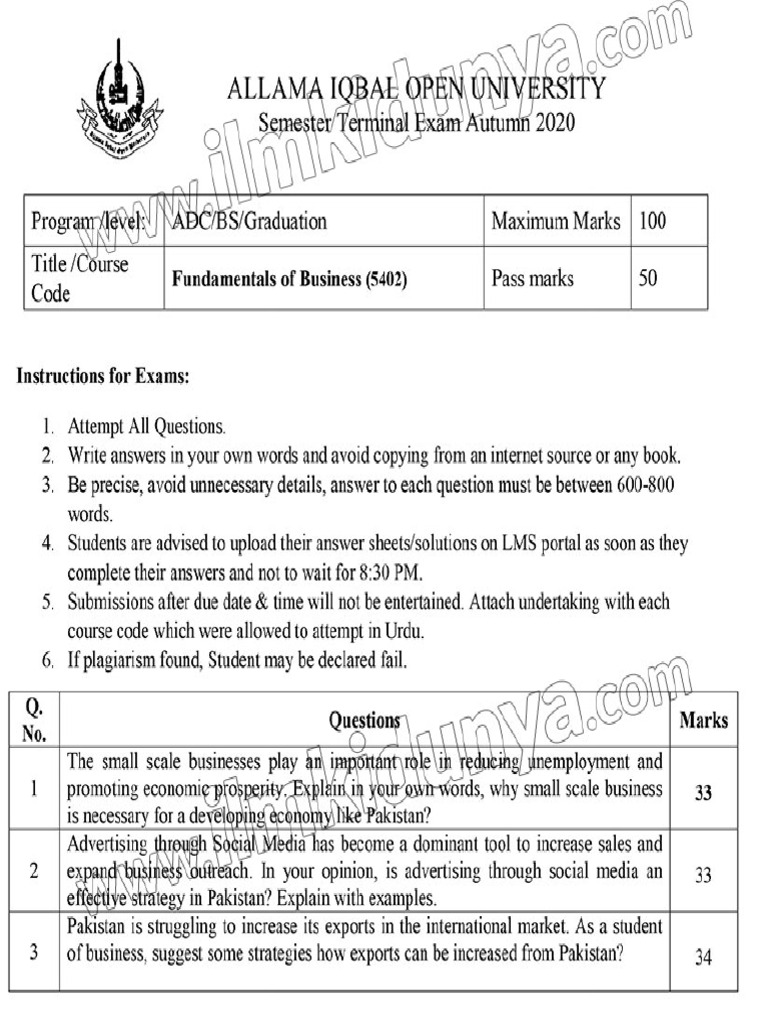 Aiou Bs Fundamental Of Business 2020 Autumn Pdf