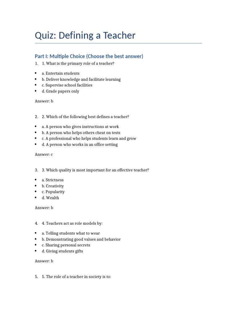 Quiz Defining A Teacher | PDF | Teachers | Learning