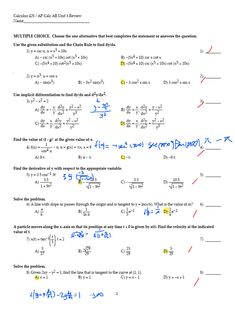 24 25 AP Calc AB Unit 3 Review | PDF | Derivative | Tangent
