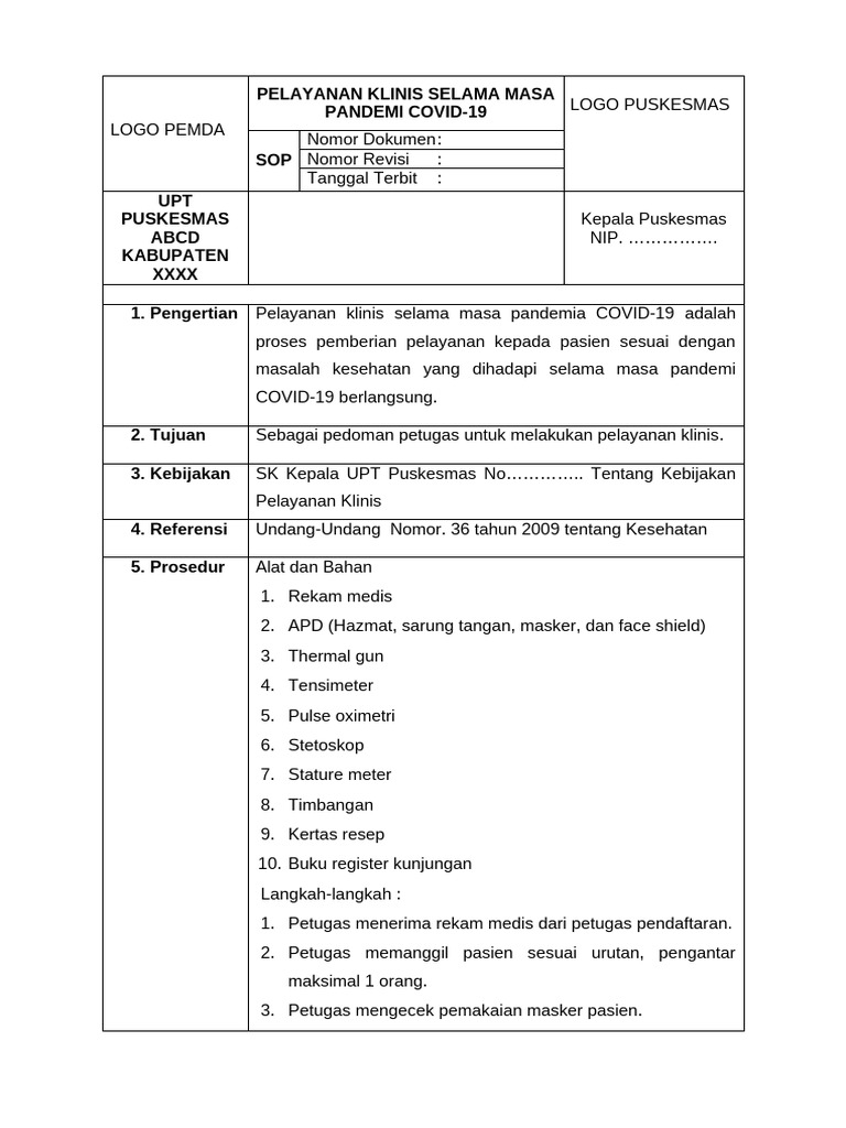 Sop Pelayanan Klinis Selama Masa Pandemi | PDF