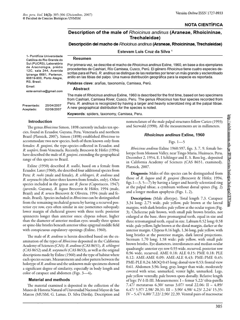 E. Cruz Da Silva, 2007, Description of The Male of Rhoicinus Andinus ...
