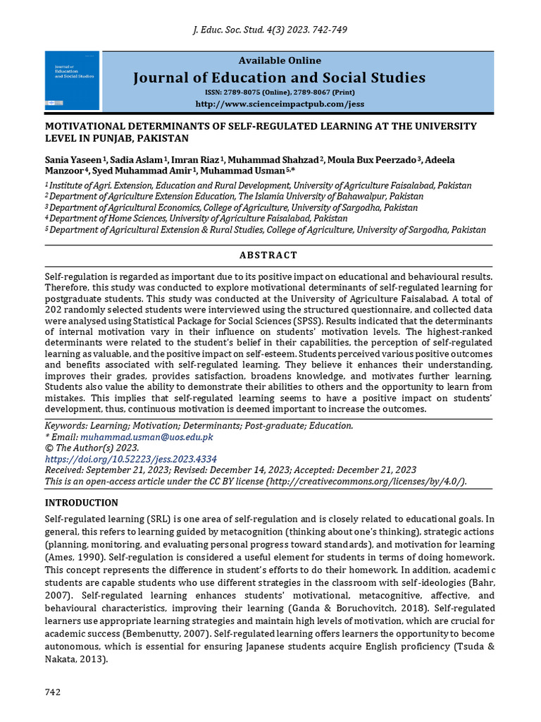 Motivational Determinants of Self-Regulated Learning at The University Level in Punjab, Pakistan ...