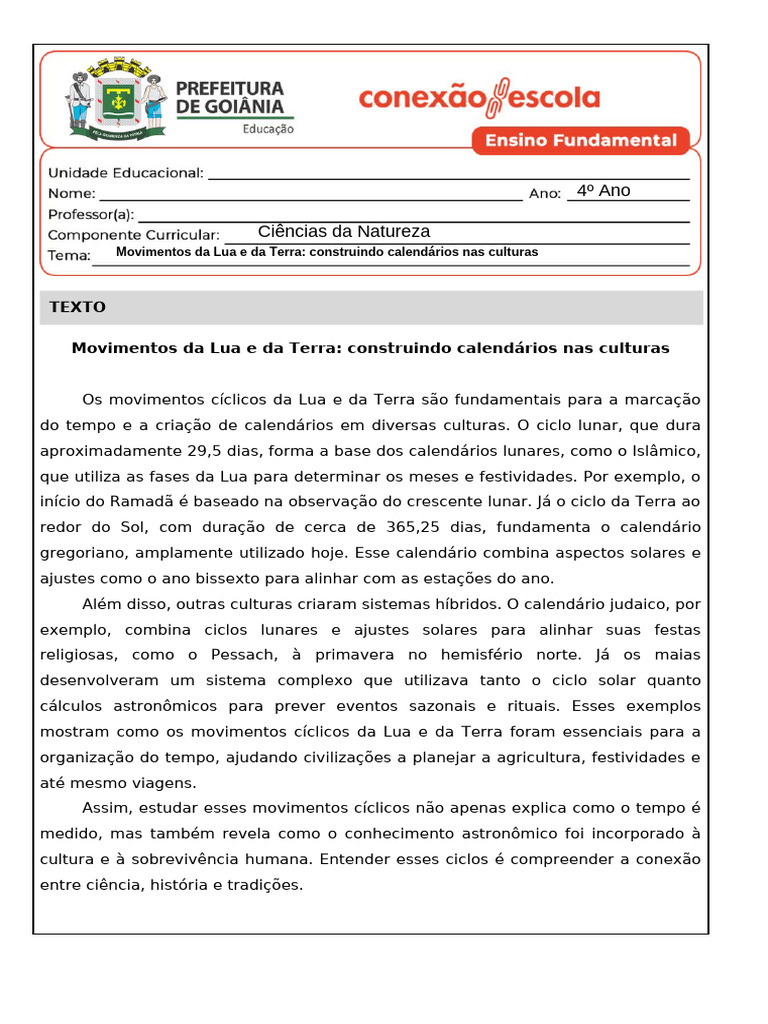 Texto - Movimentos Da Lua e Da Terra - Construindo Calendários Nas Culturas | PDF | Calendário | Lua