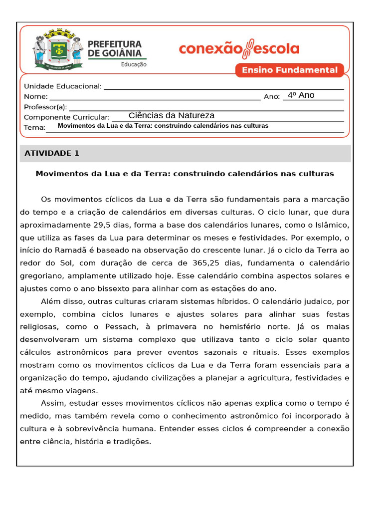 Atividade - Movimentos Da Lua e Da Terra - Construindo Calendários Nas Culturas | PDF ...