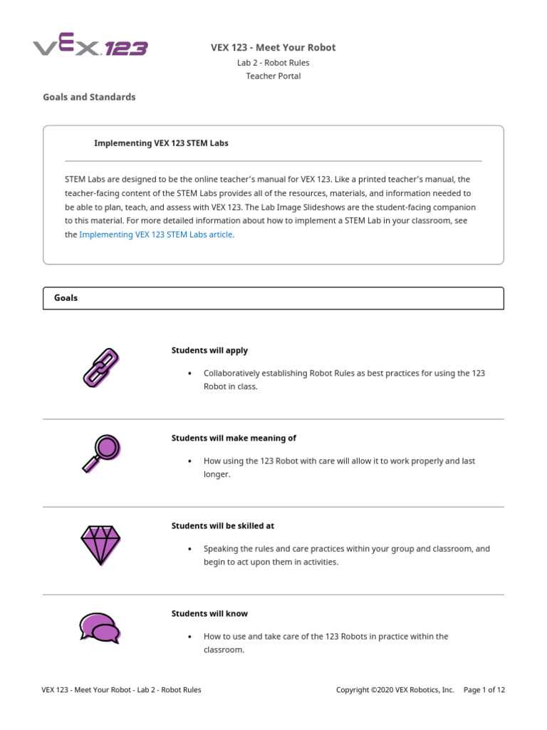 Vex 123 Meet Your Robot Lab 2 Robot Rules | PDF | Robot | Robotics