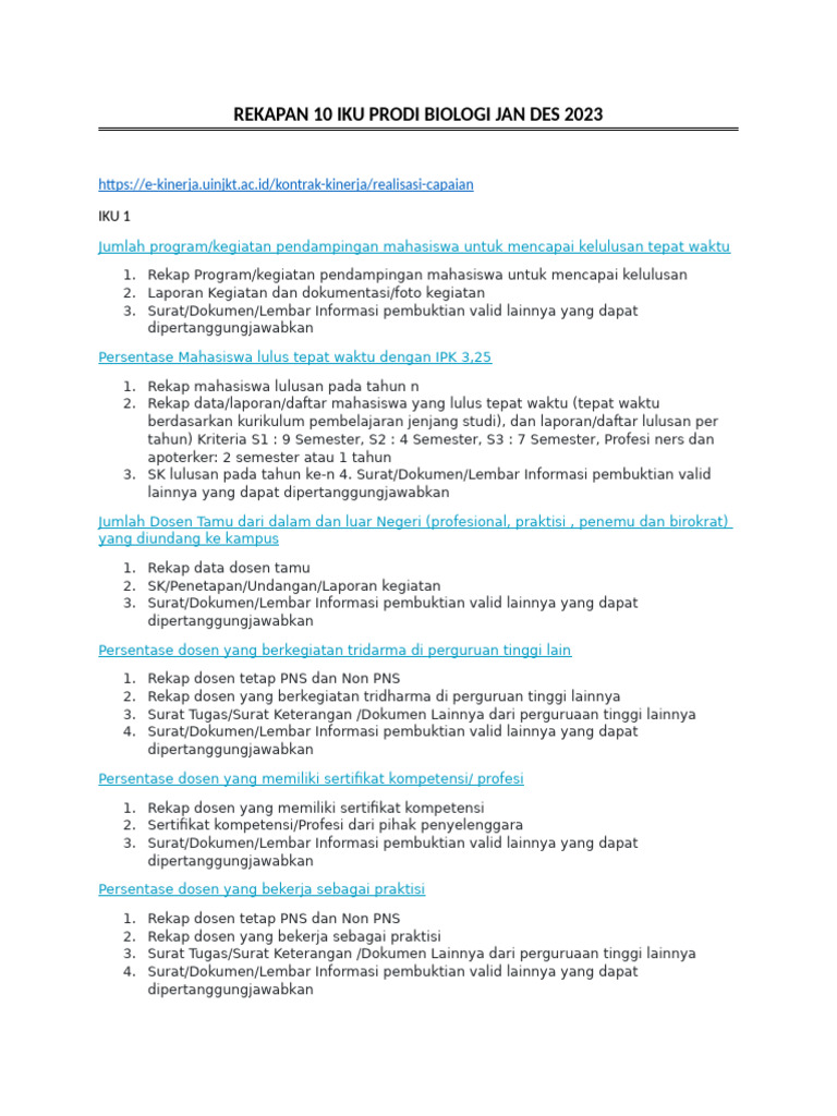 REKAPAN 10 IKU PRODI BIOLOGI JAN DES 2023 | PDF
