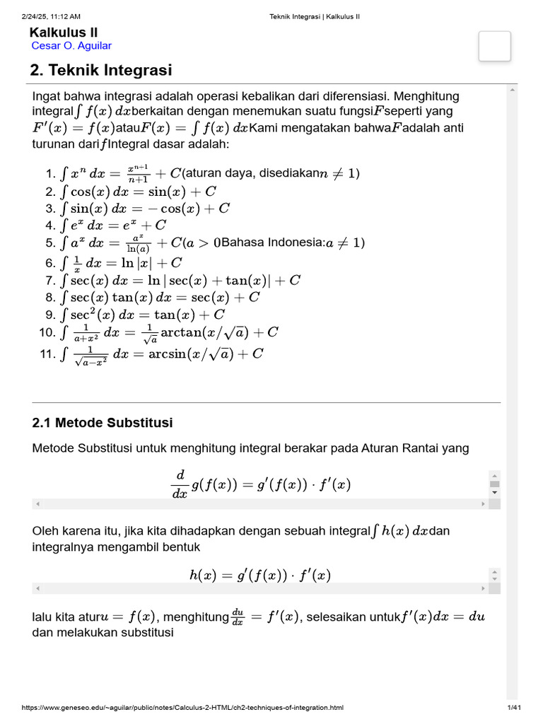 Teknik Integrasi - Kalkulus II | PDF