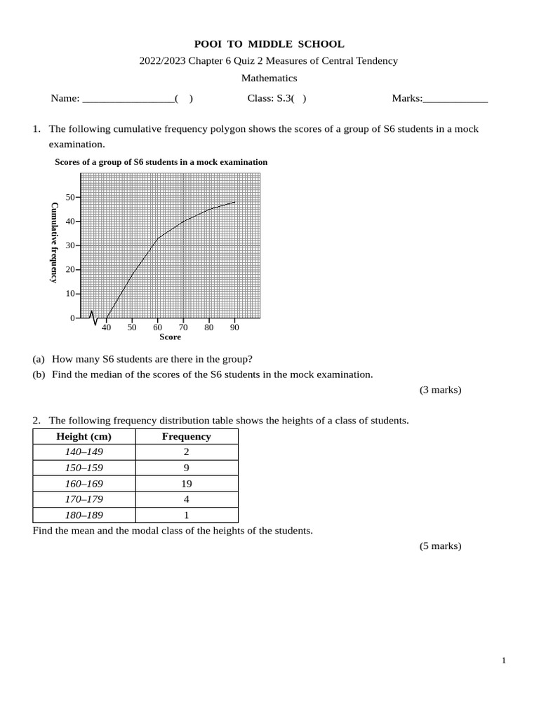 S3 Ch.6 Quiz 2 Measures of Central Tendency | PDF | Descriptive Statistics