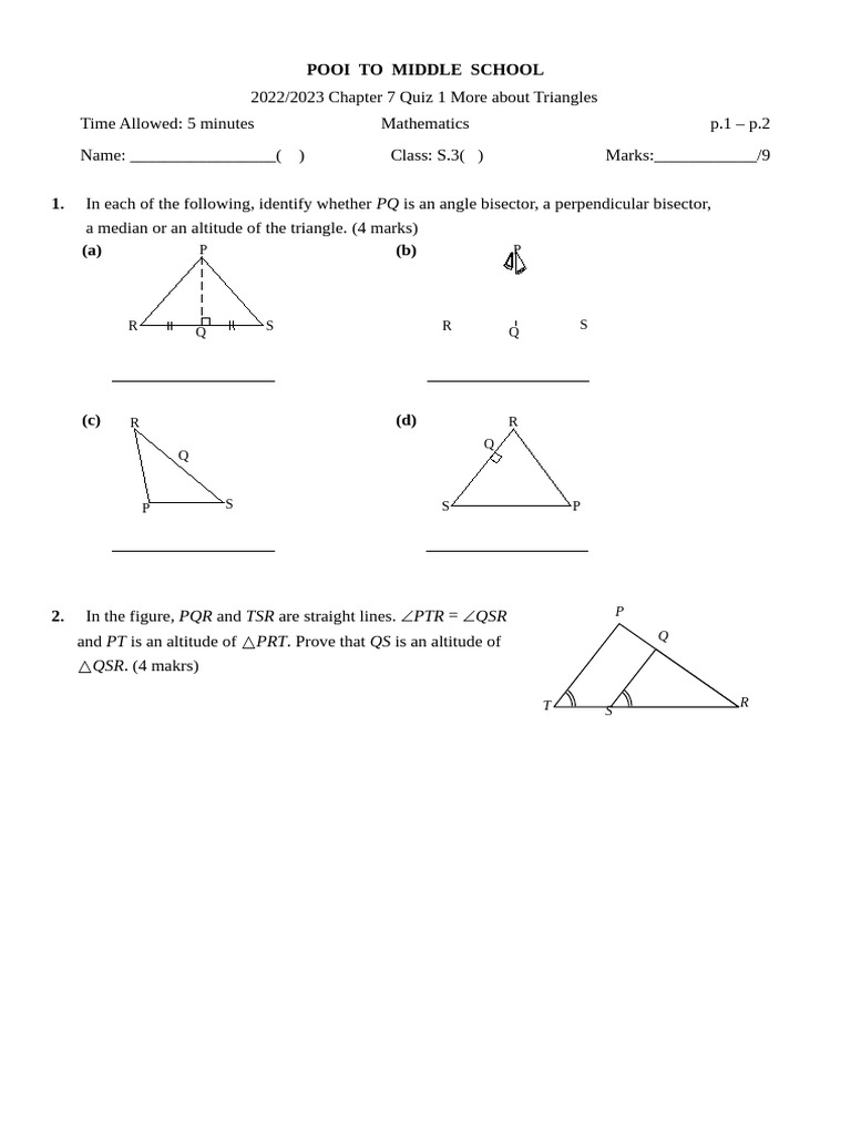 S3 Ch.7 Quiz 1 More About Triangles | PDF | Classical Geometry | Line ...