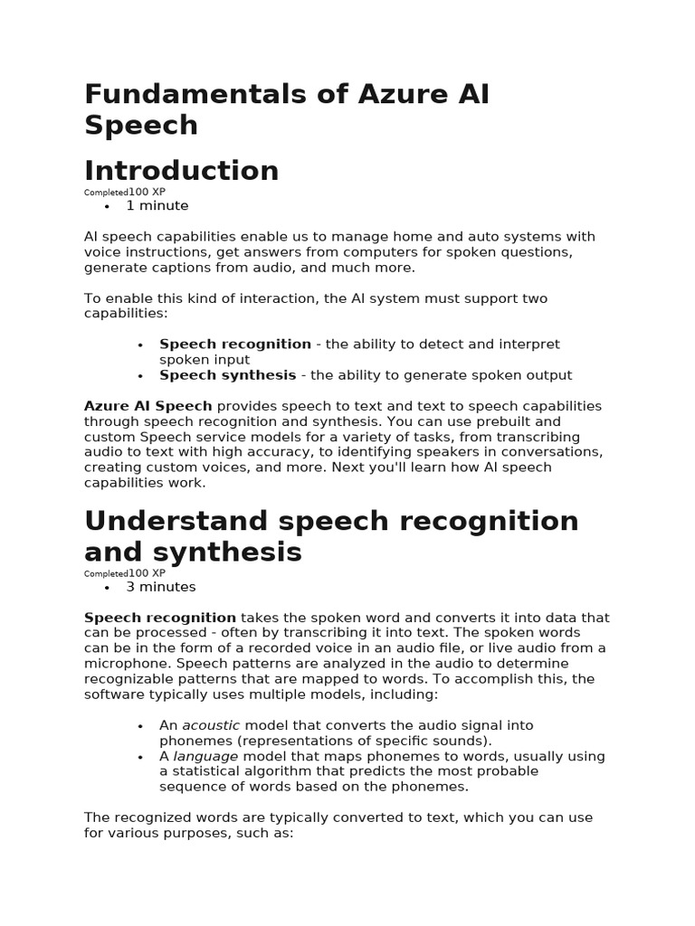 Fundamentals of Azure AI Speech With QA | PDF | Speech Synthesis | Speech Recognition