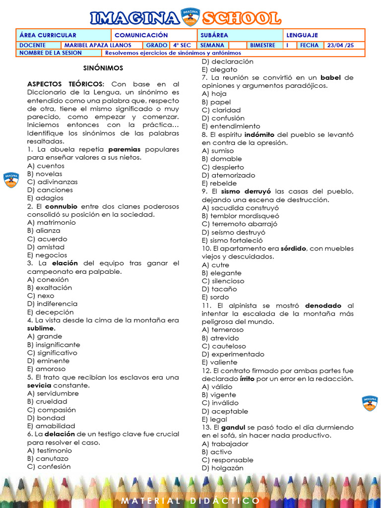Ejercicios de Sinónimos y Antónimos | PDF