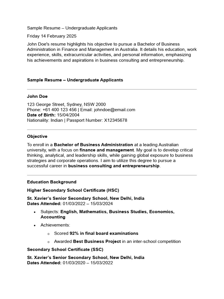 Sample Resume - Undergraduate Applicants | PDF