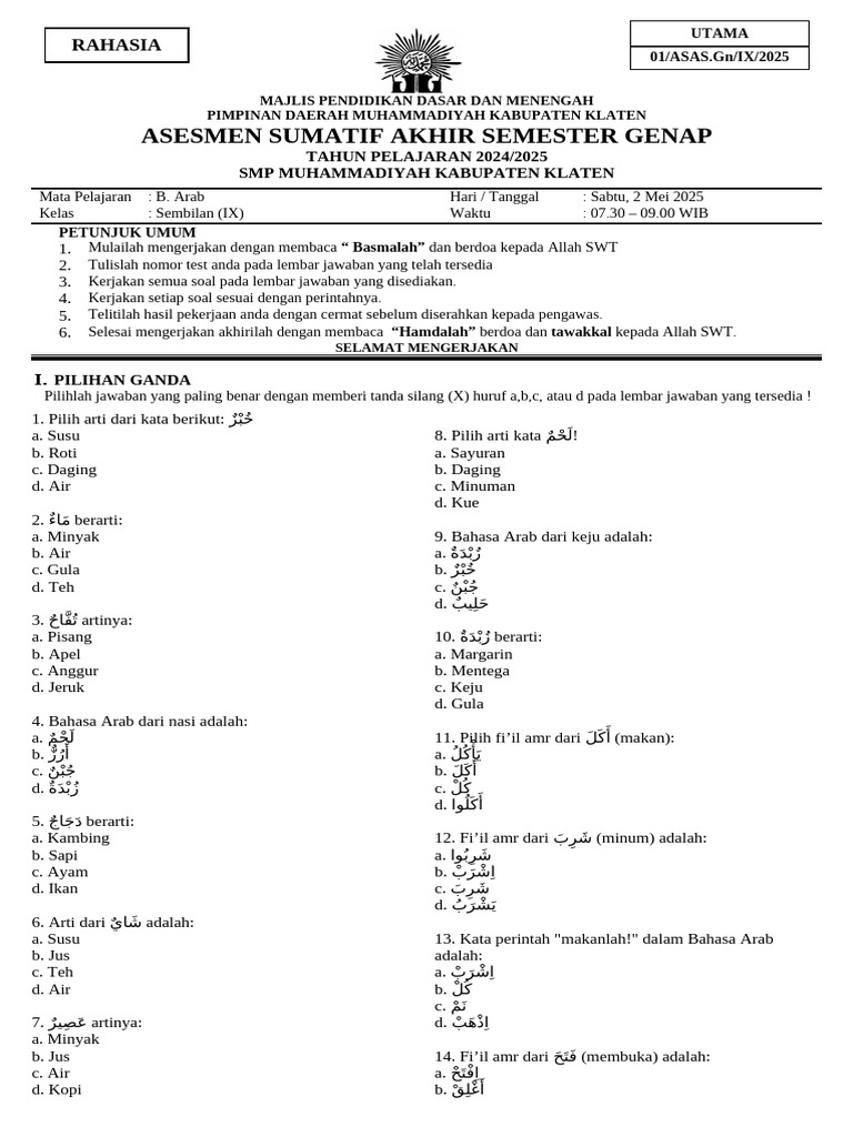 Soal ASAS Kls 9 2024-2025 B. Arab IX | PDF
