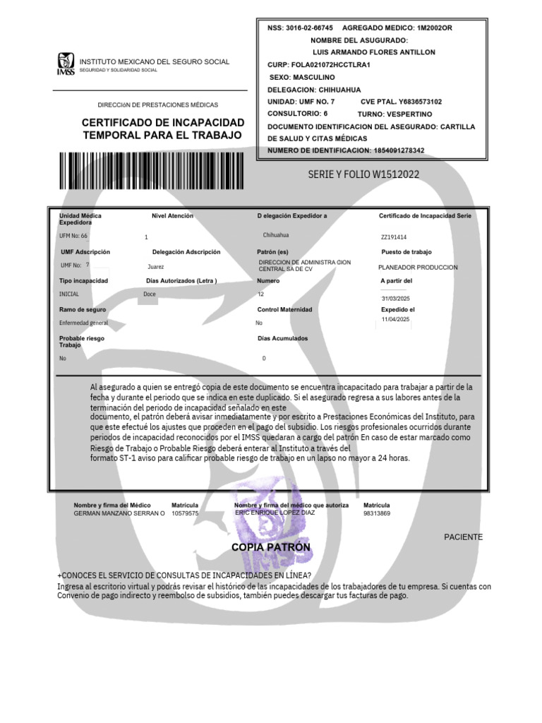 Certificado de Incapacidad Temporal IMSS | PDF