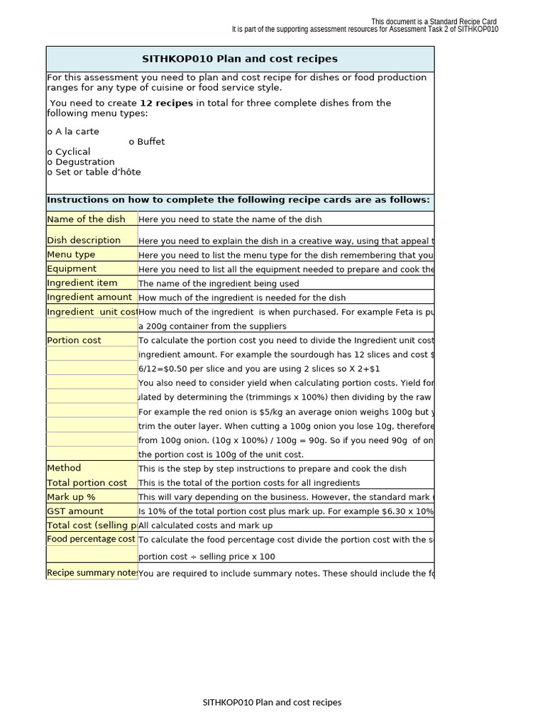 SITHKOP010 Standard Recipe Card Template | PDF | Menu | Recipe