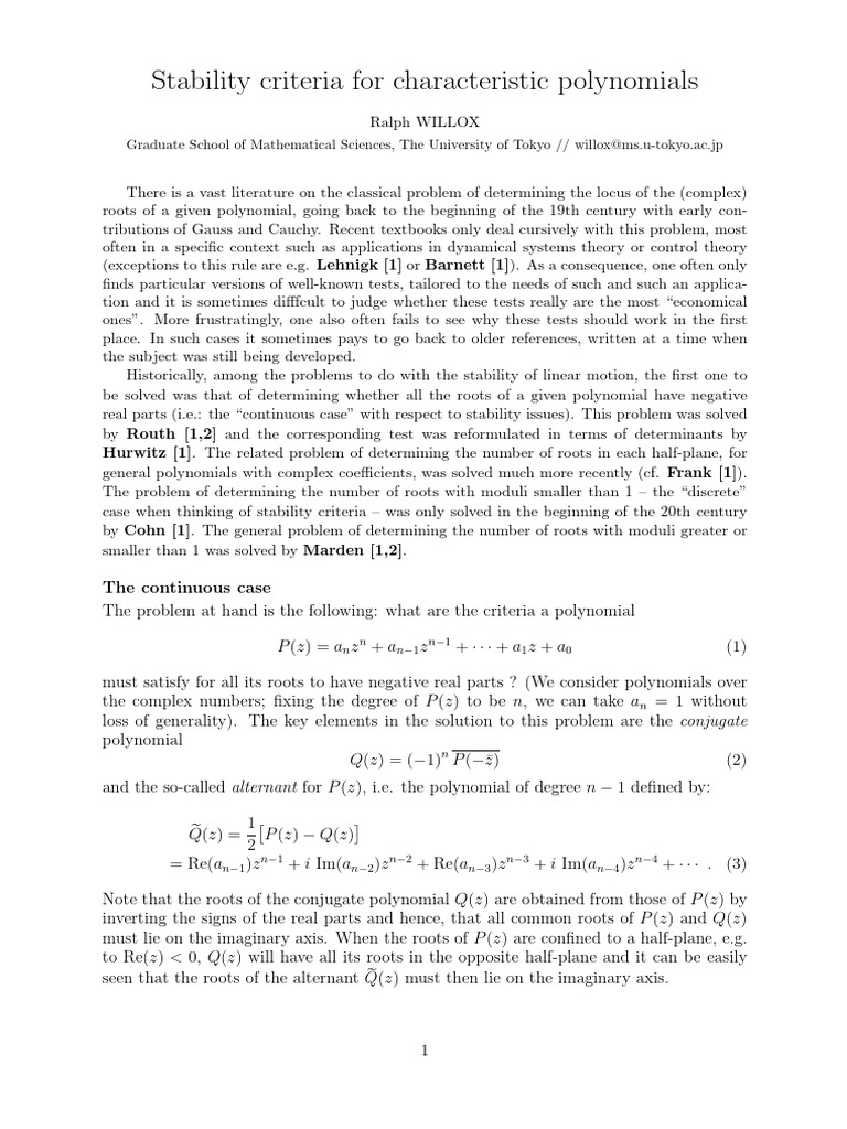 Stability Criteria Polynomial | PDF | Stability Theory | Zero Of A Function