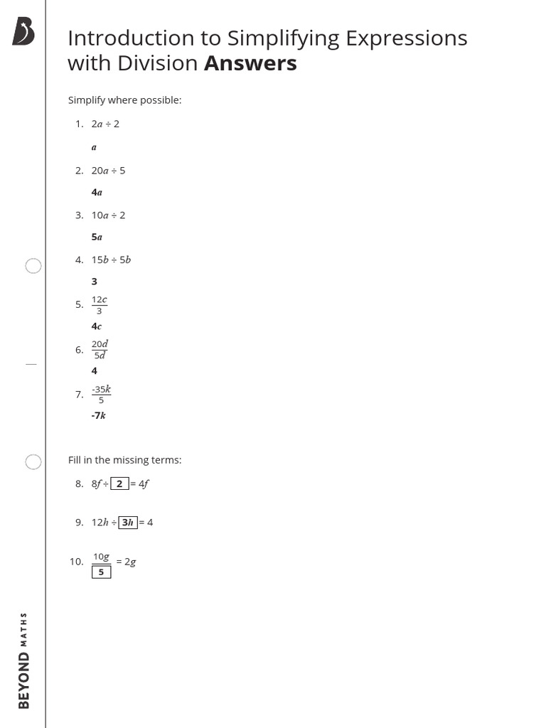 Introduction To Simplifying Expressions With Division (Answers) | PDF