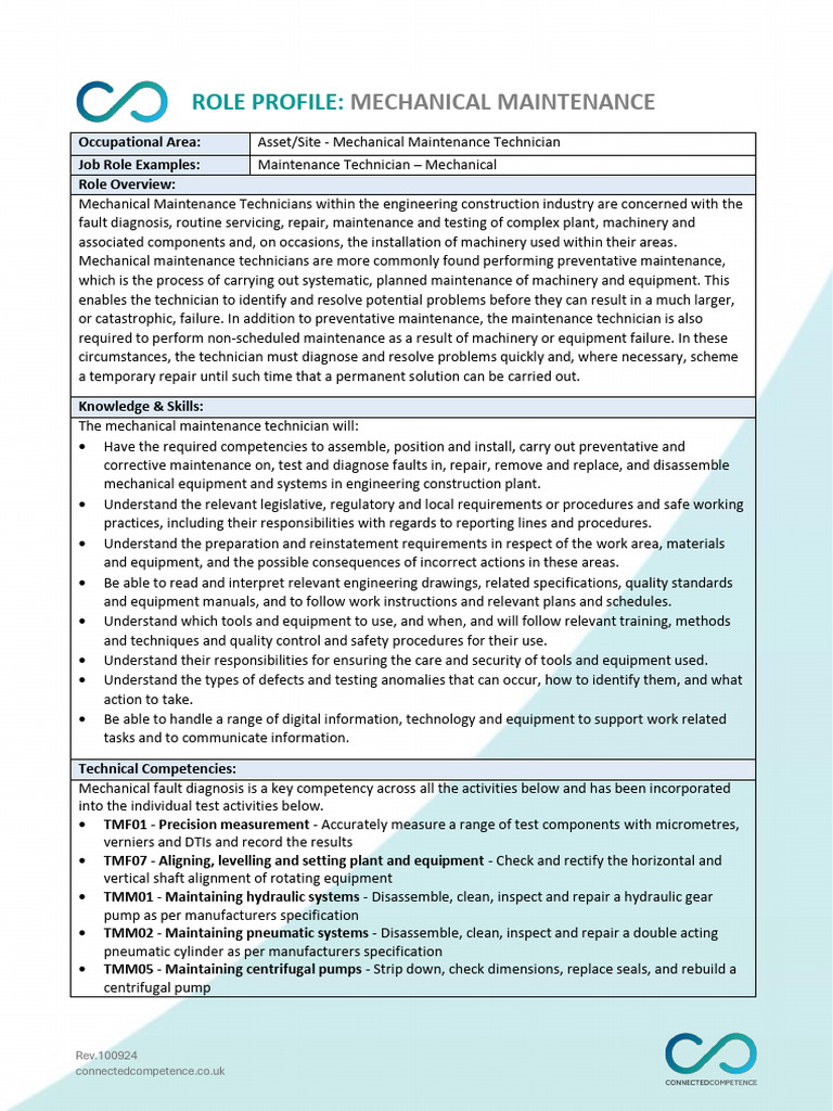 Mechanical Maintenance Technician Role | PDF | Engineering ...
