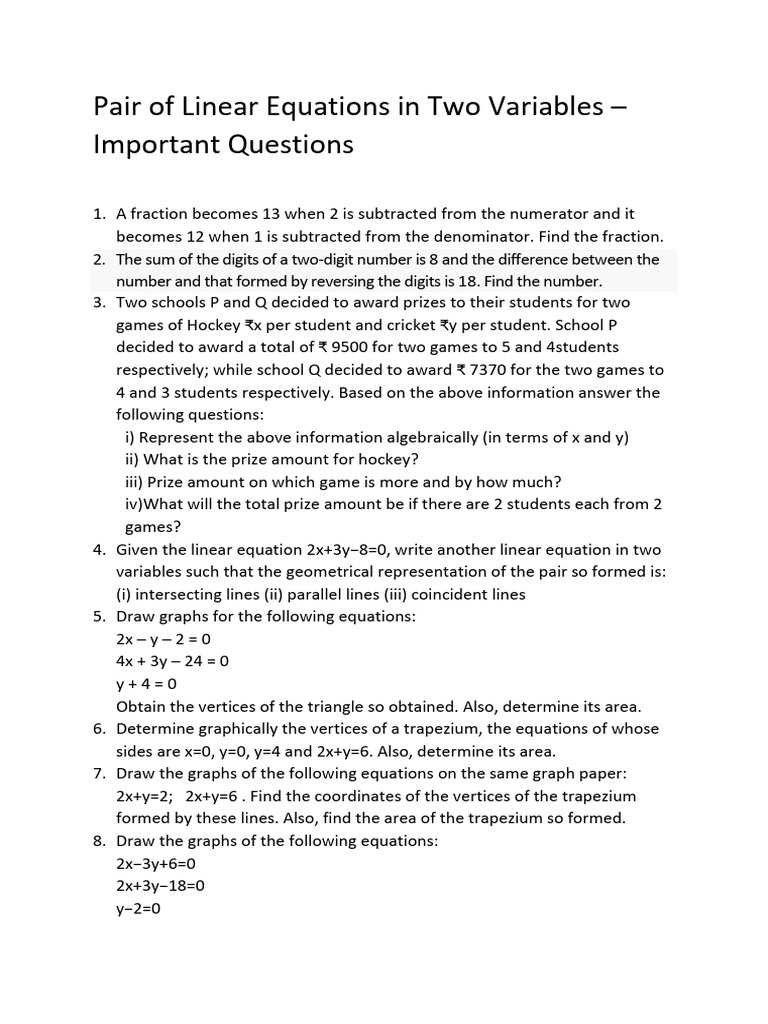 Pair of Linear Equations in Two Variables Imp RAMS MAM | PDF ...