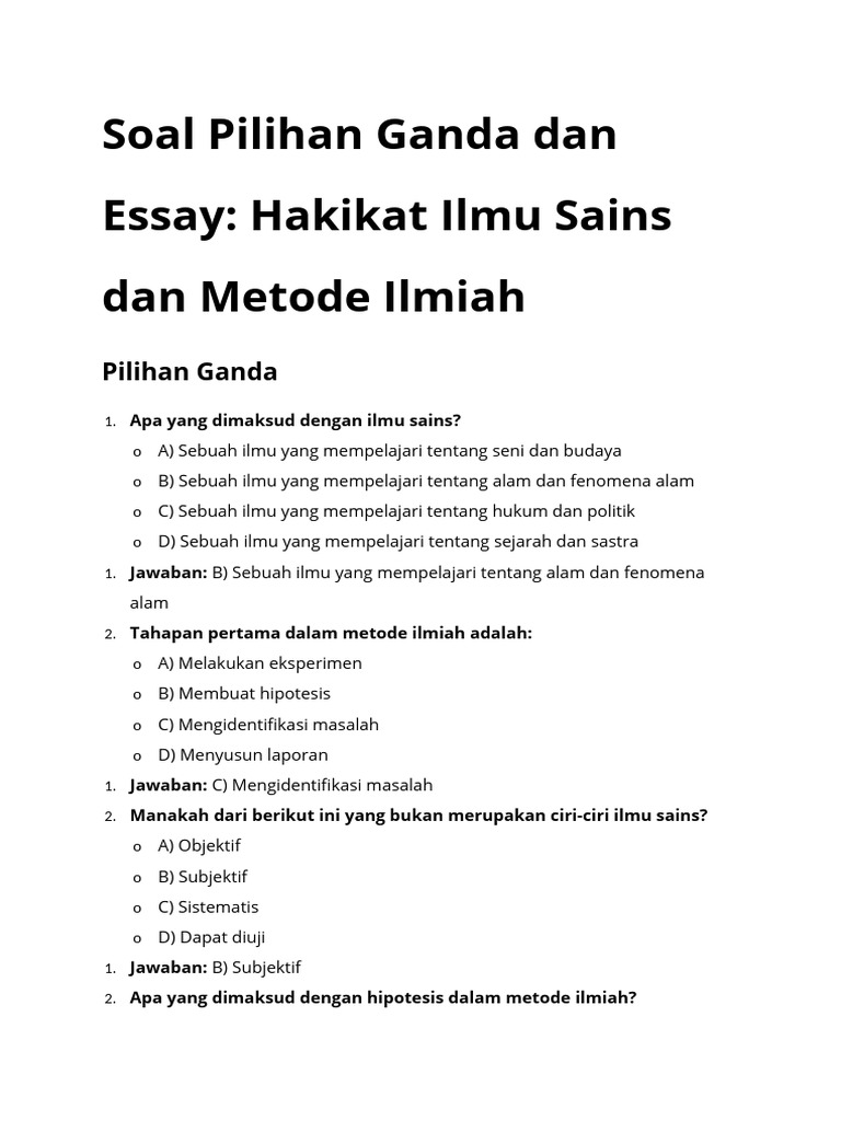 Soal Pilihan Ganda Dan Essay Hakikat Ilmu Sains Dan Metode Ilmiah | PDF