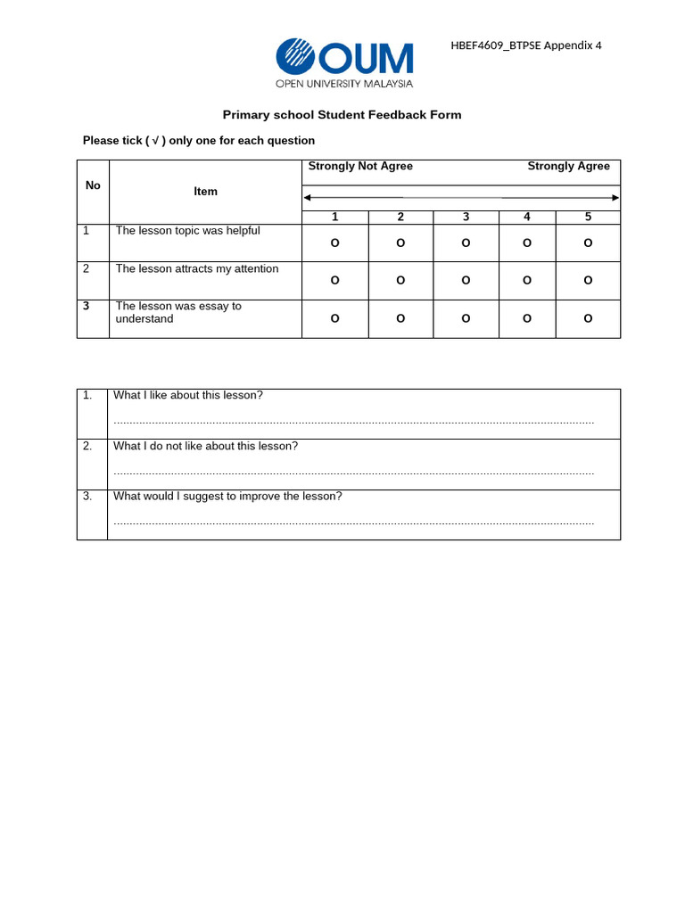 Appendix 4 Student Feedback Form | PDF