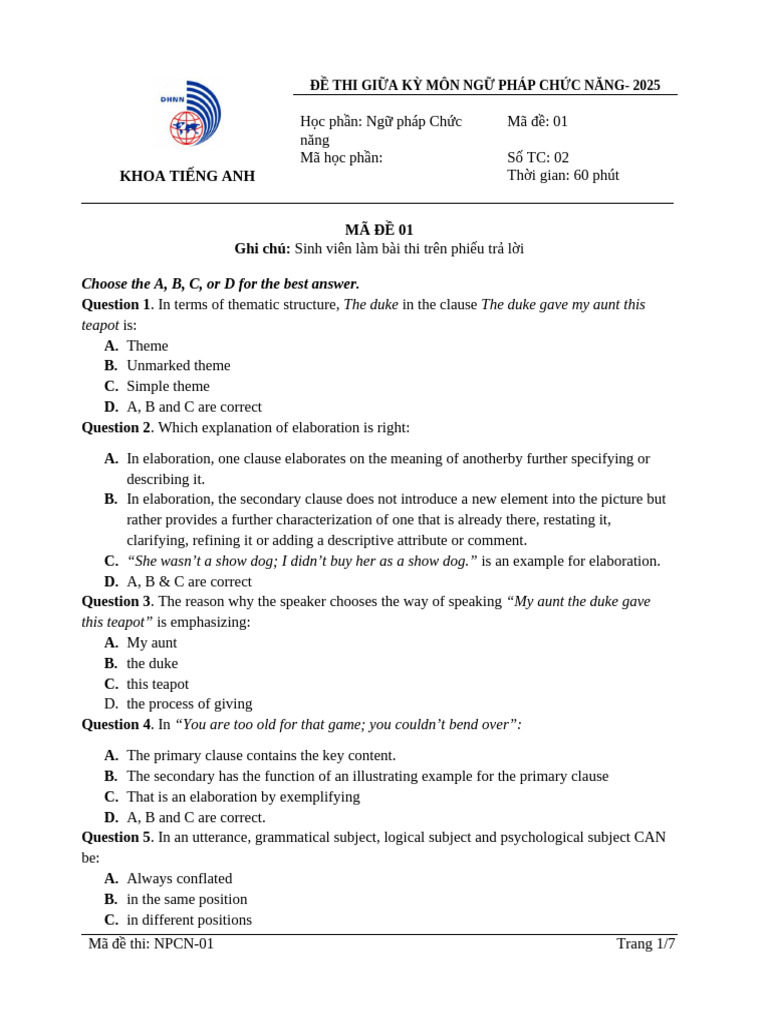 Đề Thi Giữa Kỳ NPCN (2025) - 01 | PDF | Question | Syntax