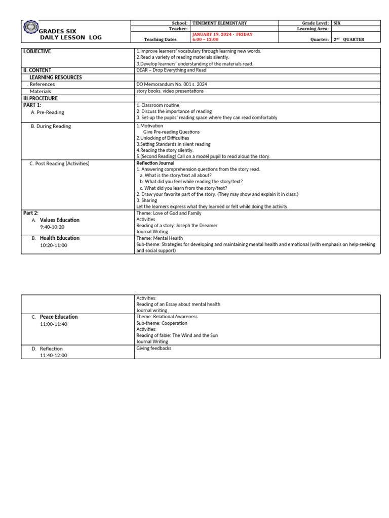 Grade 6 Daily Lesson Plan: Reading Focus | PDF | Reading Comprehension ...