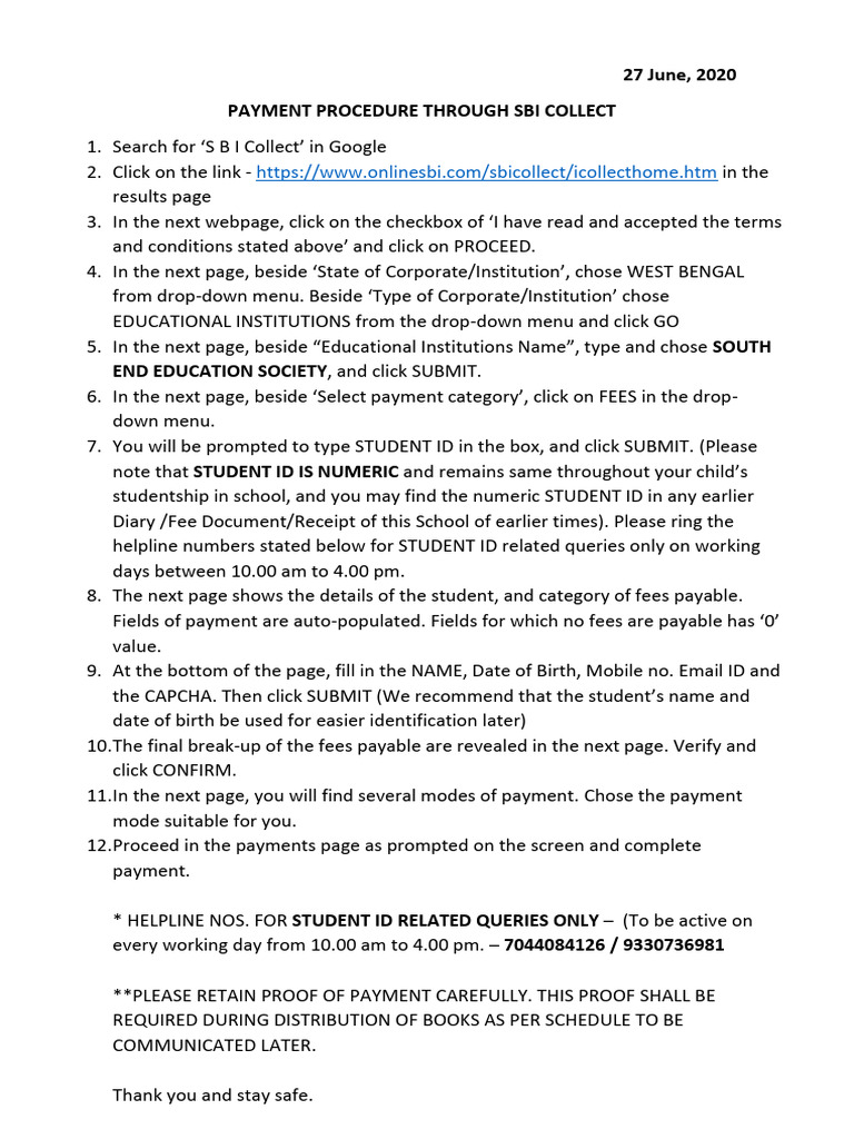 Payment Procedure Through Sbi Collect | PDF