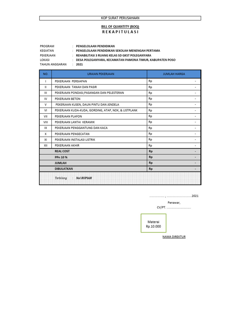 Boq Rehan 3 R. Kelas SD GKST Poleganyara | PDF