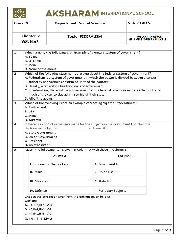 C-CH 2. WS Federalism (Civics) 2024-25 Question | PDF | Federalism ...