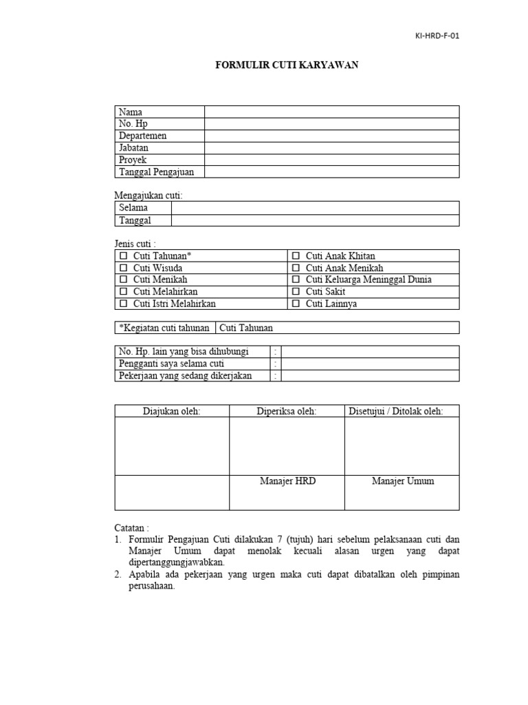 Contoh Formulir Cuti Karyawan | PDF