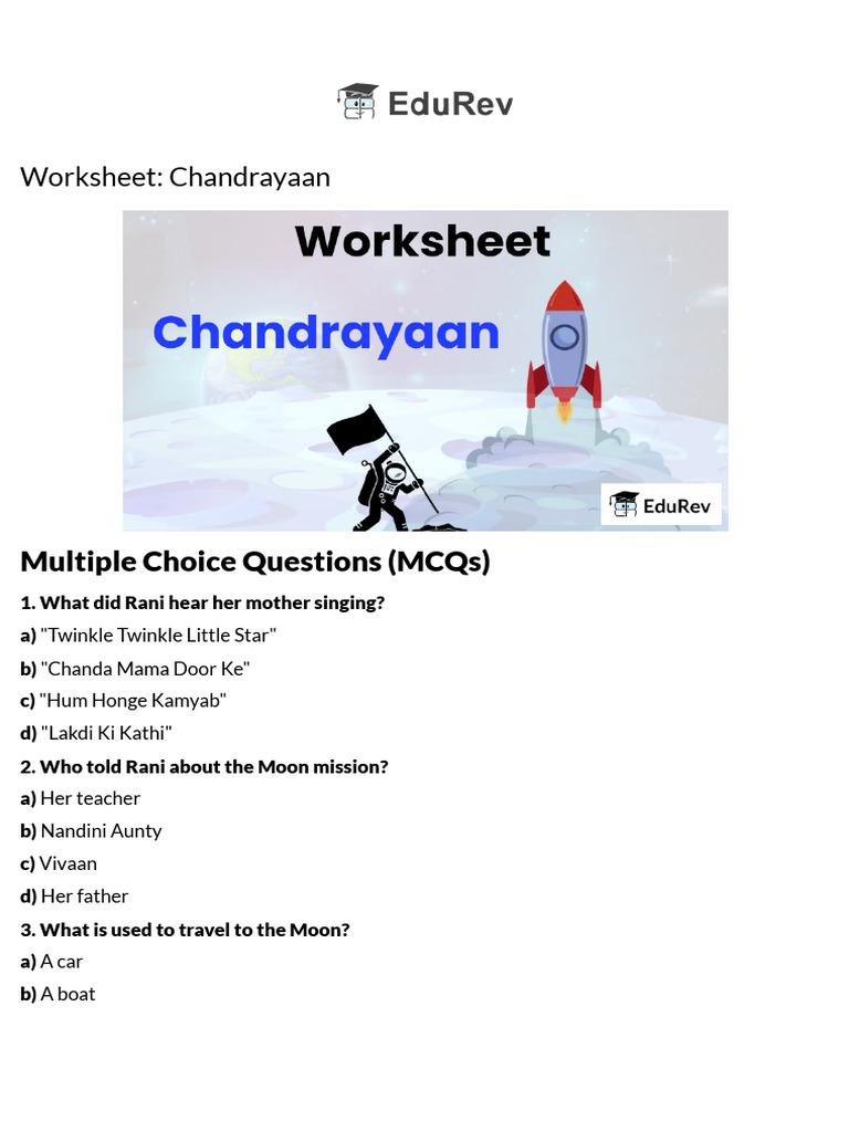 Worksheet - Chandrayaan - Worksheets With Solutions For Class 3 PDF ...