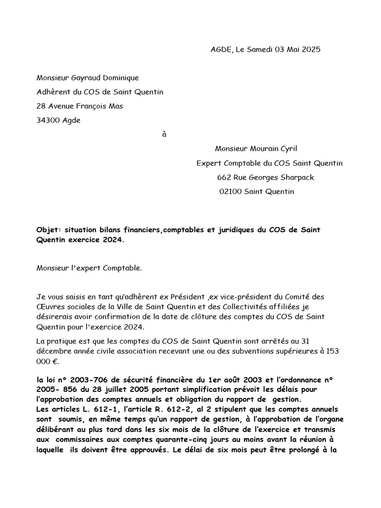 Cos Saint Quentin Courrier Expert Comptable 2025 | PDF