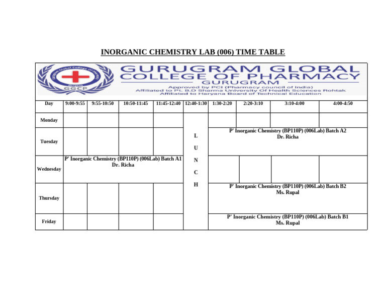 Inorganic Chemistry Lab Time Table | PDF