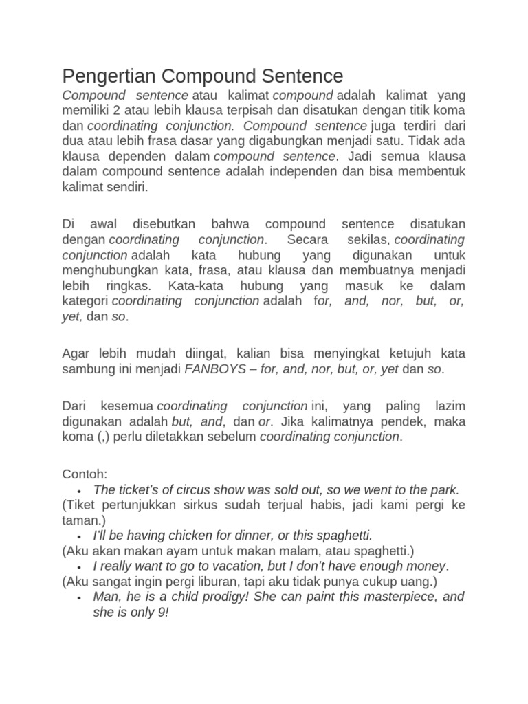 Pengertian dan Contoh Compound Sentence | PDF