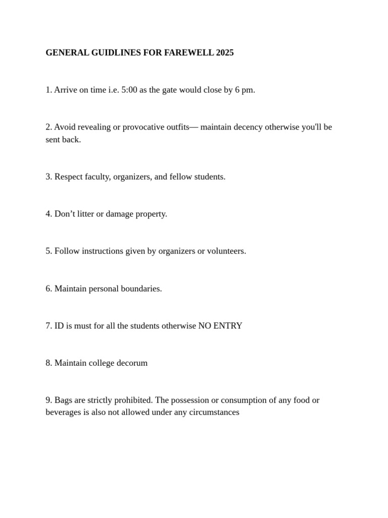 General Guidlines For Farewell 2025 | PDF