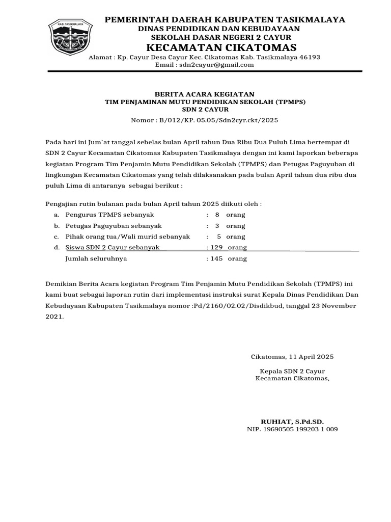 Laporan Kegiatan TPMPS SDN 2 Cayur April 2025 | PDF
