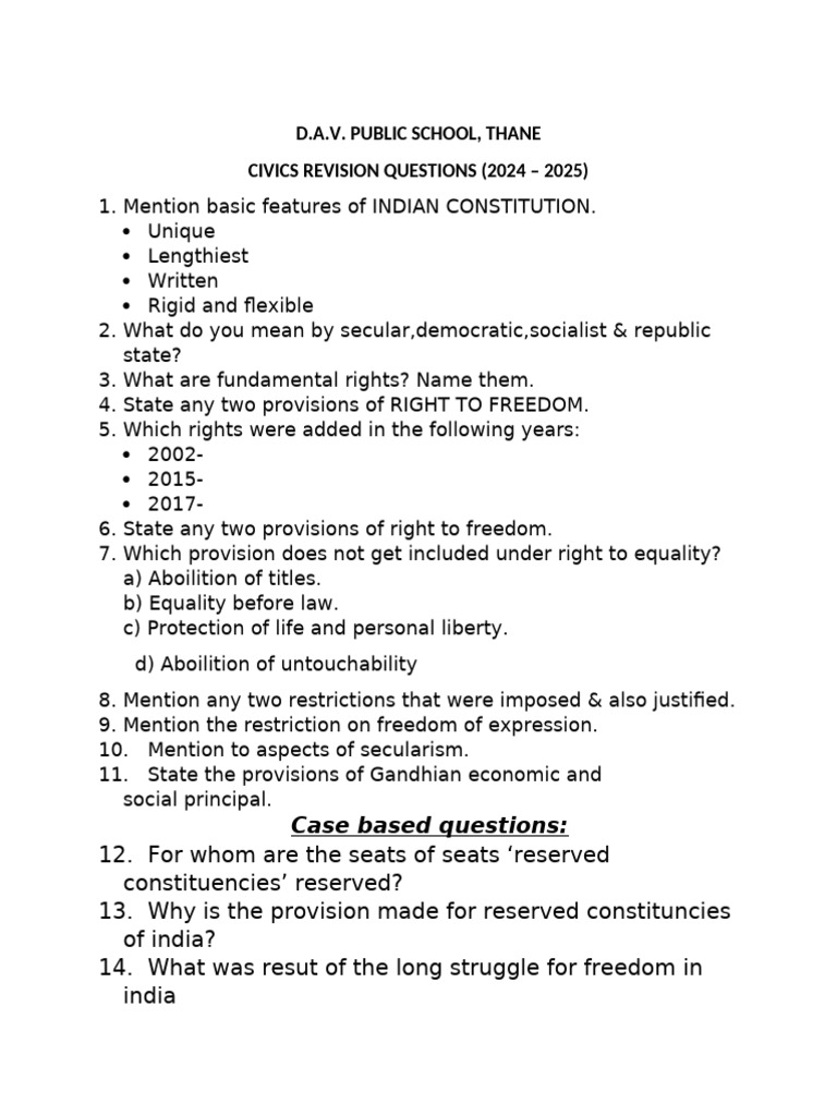 Civics Revision Questions Class 8 Dav | PDF | Government Of India ...