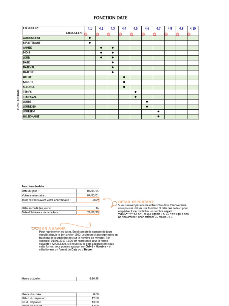 Fonctions de date et d'heure dans Excel | PDF | Semaine de travail et ...