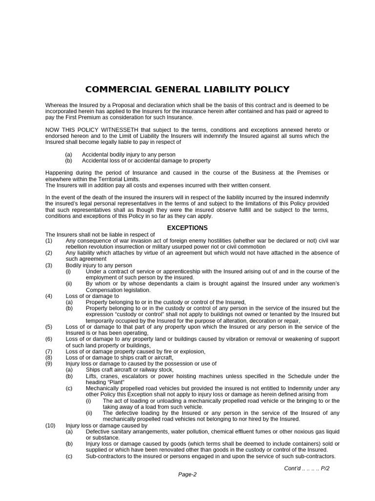 COMMERCIAL GENERAL LIABILITY POLICY (MTJ-P-0001-11-2014) | PDF ...