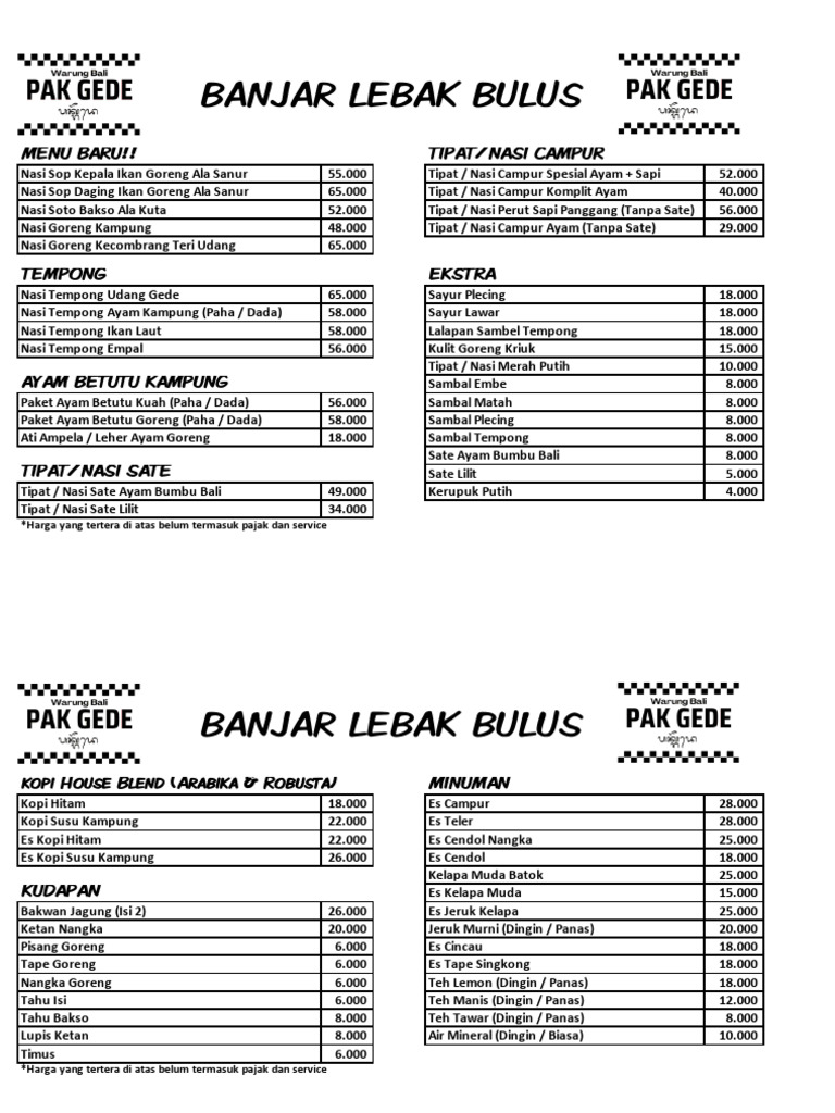 Menu Warung Bali Pak Gede Lebak Bulus (Baru) 2025 | PDF