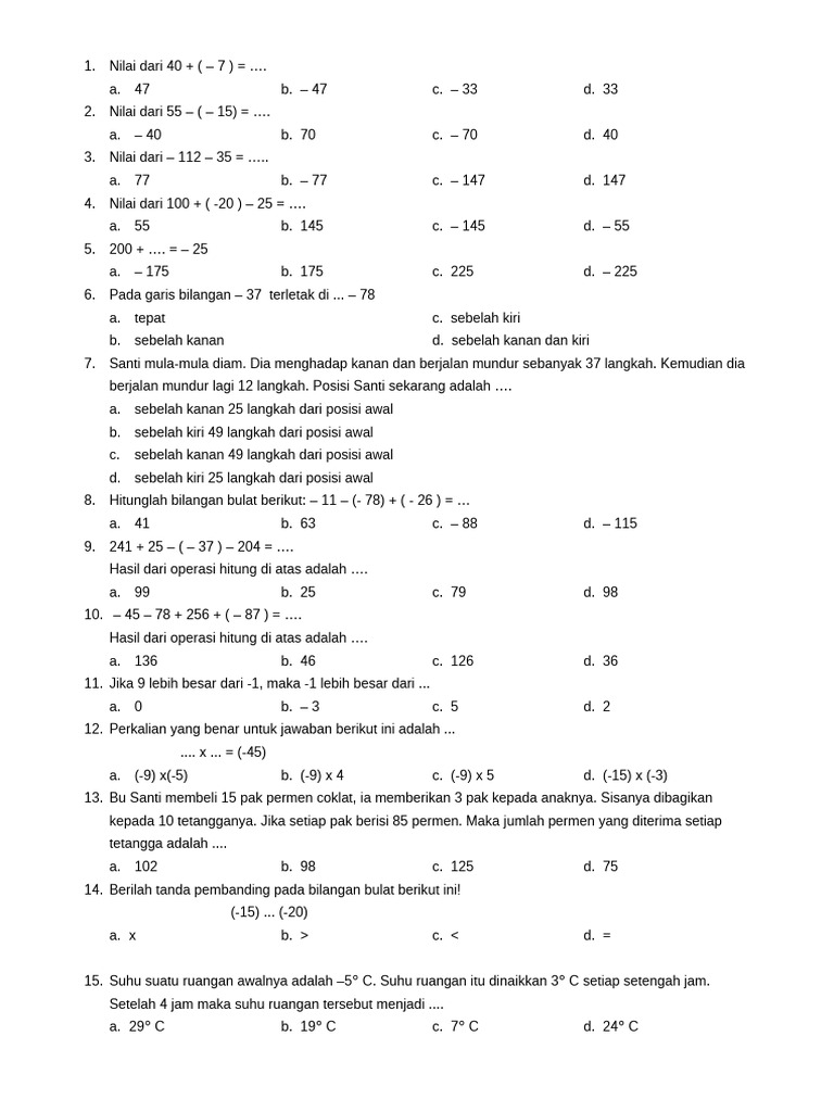 Soal Operasi Bilangan Bulat Kelas 7 | PDF