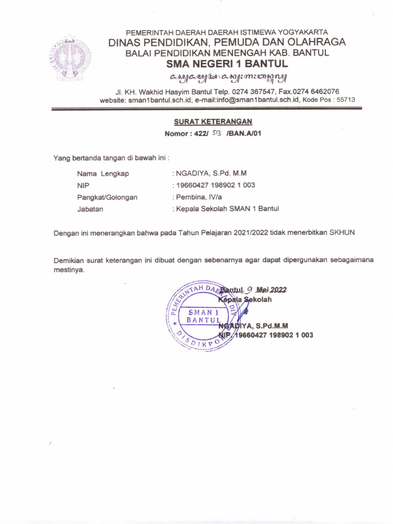 Surat Keterangan Tdk Mengeluarkan SKHUN 2022 | PDF