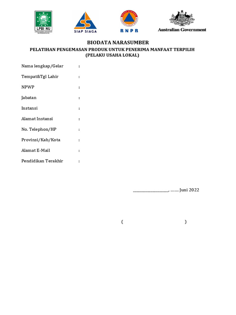 Form Biodata Narsum Pelatihan Pengemasan Produk | PDF