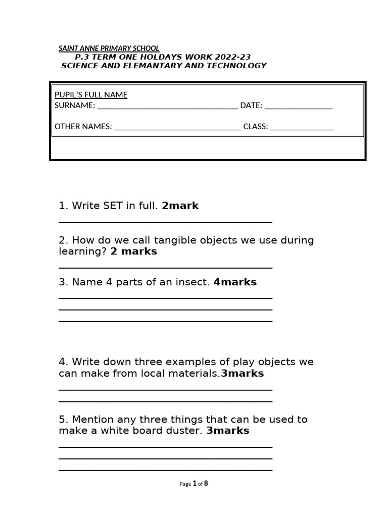 p3 Set Mid-Term Exam Term One 2022-2023 | PDF | Yarn | Knitting
