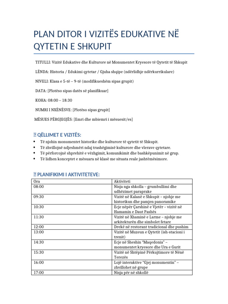 Plani Ditor Vizite Shkup | PDF